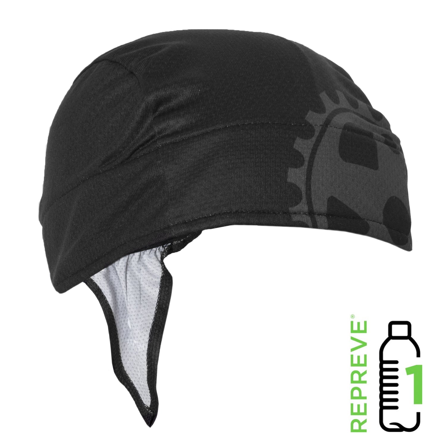 Headsweats REPREVE® cycling shorty in black with 'Gears' sublimated print.